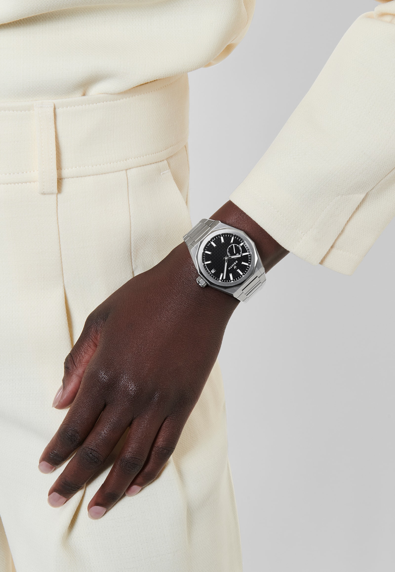 DEFY Skyline steel automatic watch with black patterned dial and ...