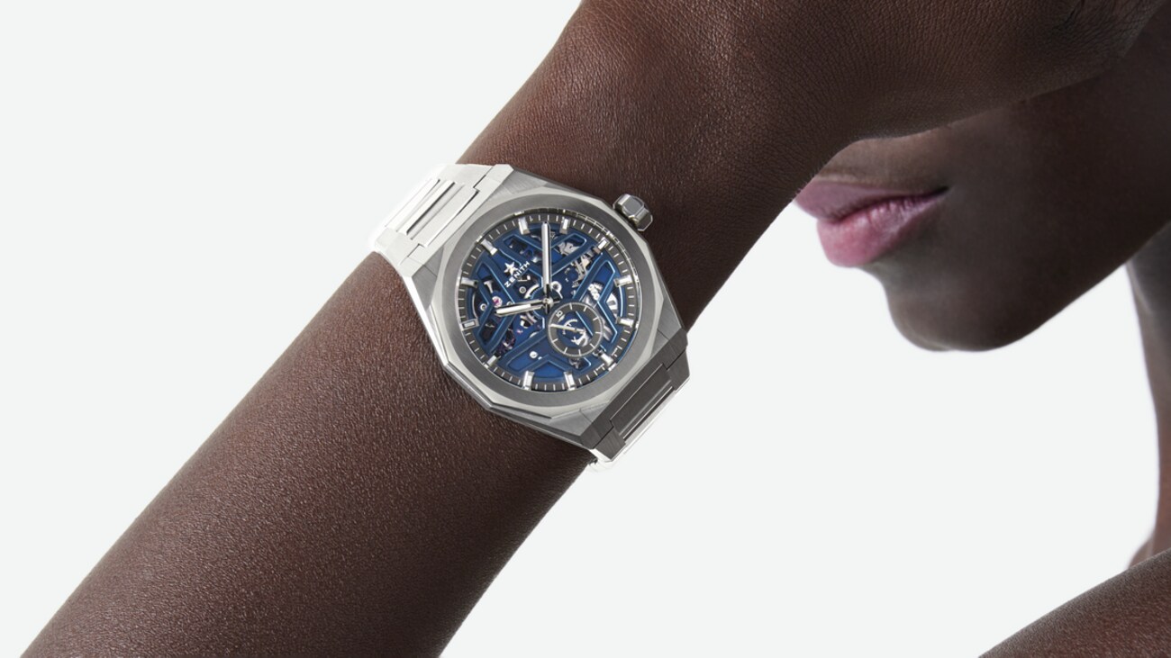 DEFY Skyline Skeleton steel automatic watch with black open dial and ...
