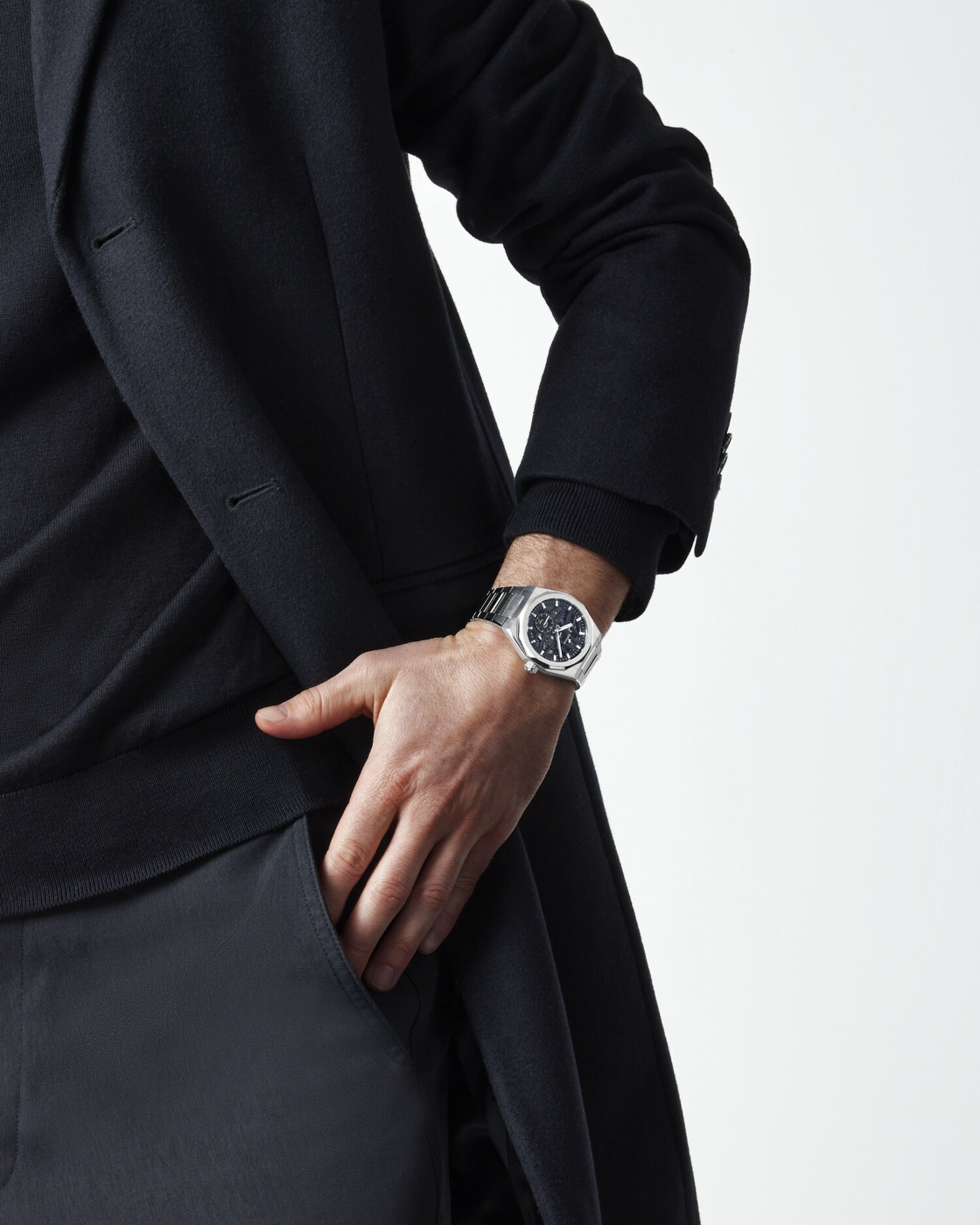 DEFY Skyline Skeleton steel automatic watch with blue open dial and ...